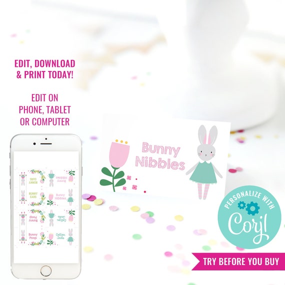 Bunny Birthday Party Food Labels - Floral Bunny Rabbit Party Food Tent ...
