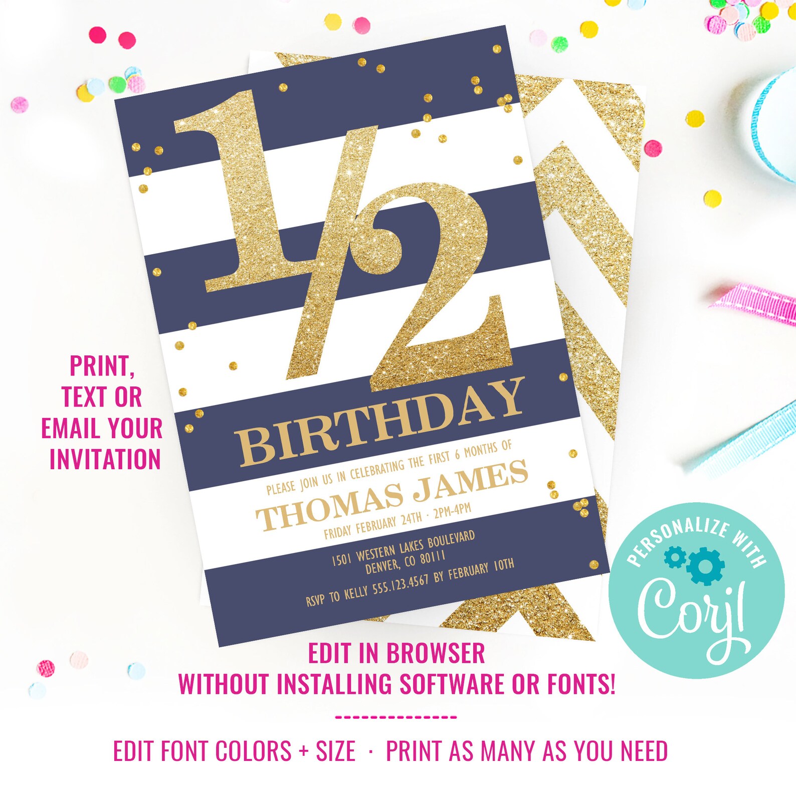Boys Half Birthday Invitation DIY Gold Glitter Invitation Classic DIY ...