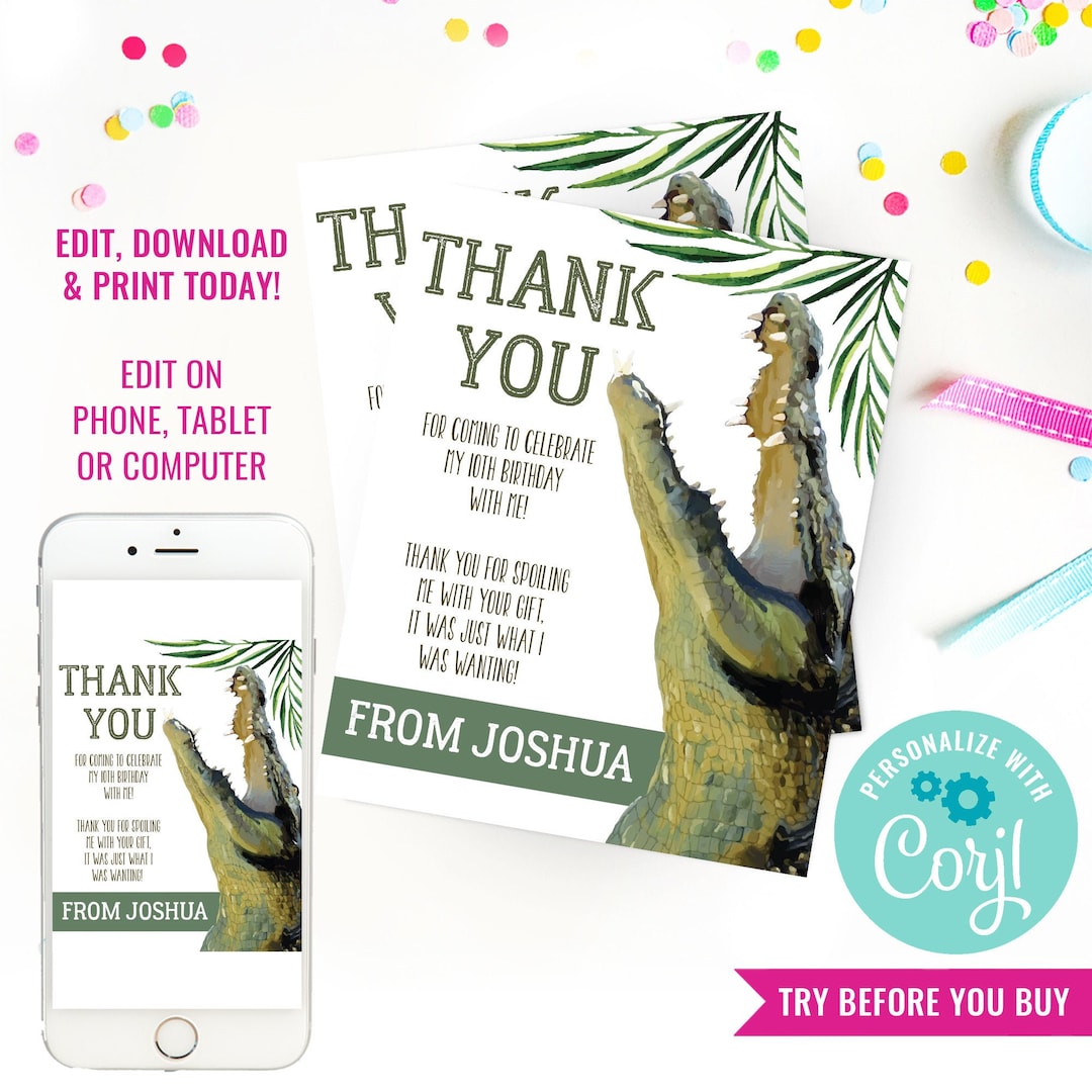 Boy Birthday Party Crocodile Thank You Card Crocodile Party Note Card ...