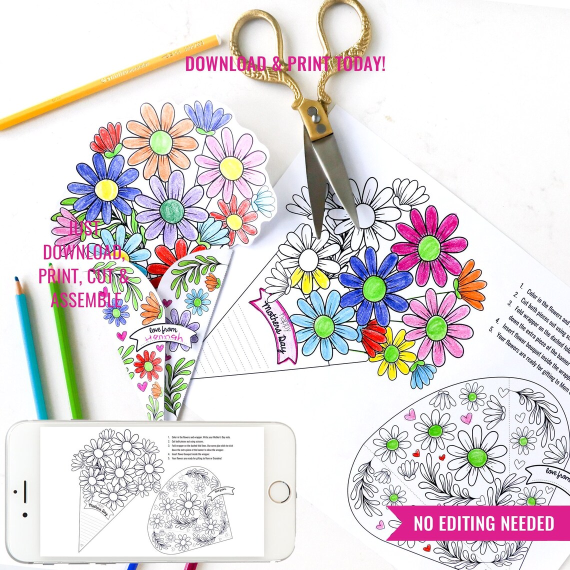 Mothers Day Coloring-in Flower Bouquet Card - Gift for Mom - Mothers ...