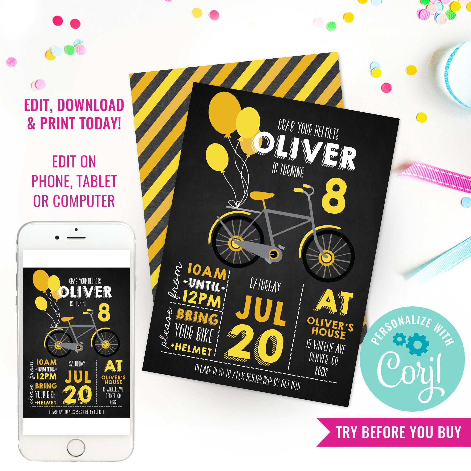 Yellow Bike Birthday Party Invitation Instant Download & Edit File with ...