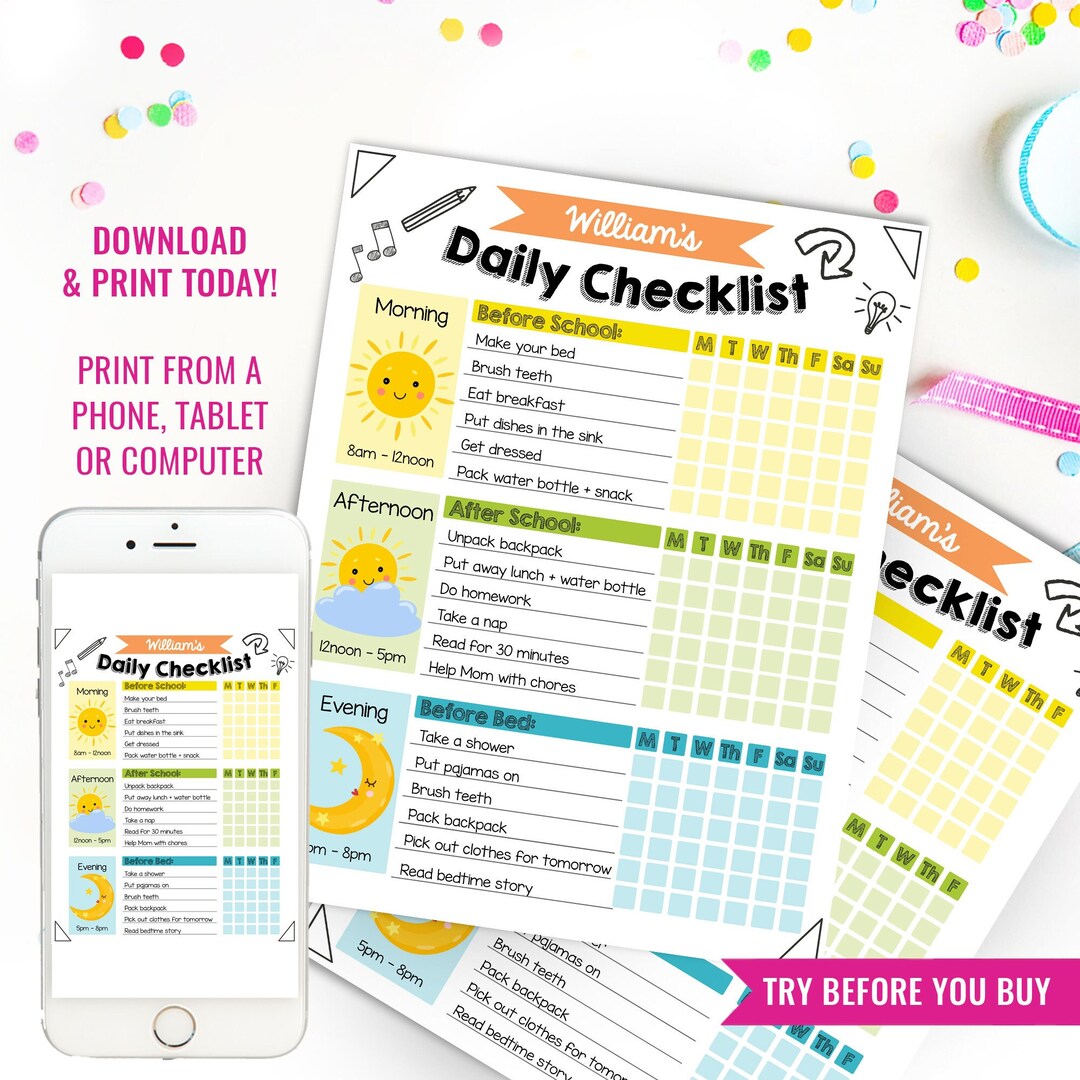 Kids Daily School Checklist Schedule Printable Editable Chore Chart ...