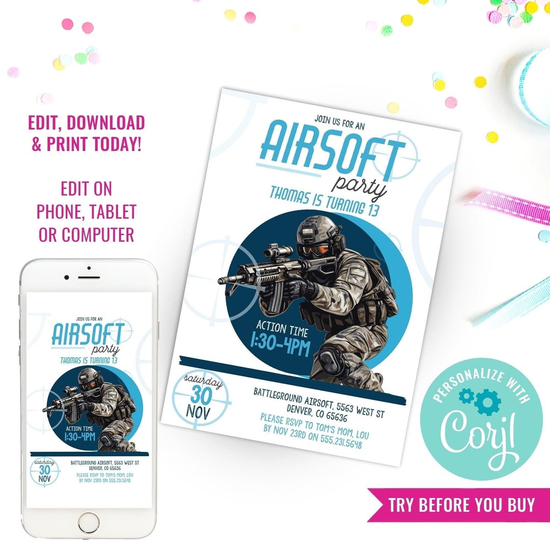 Boys Birthday Party Airsoft Invitation Airsoft Party Invitation Blue ...