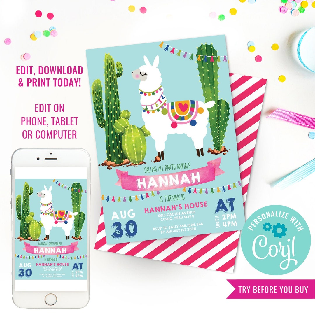 Girl Birthday Party Llama Invitation Alpaca Cactus Party Invite Llama ...