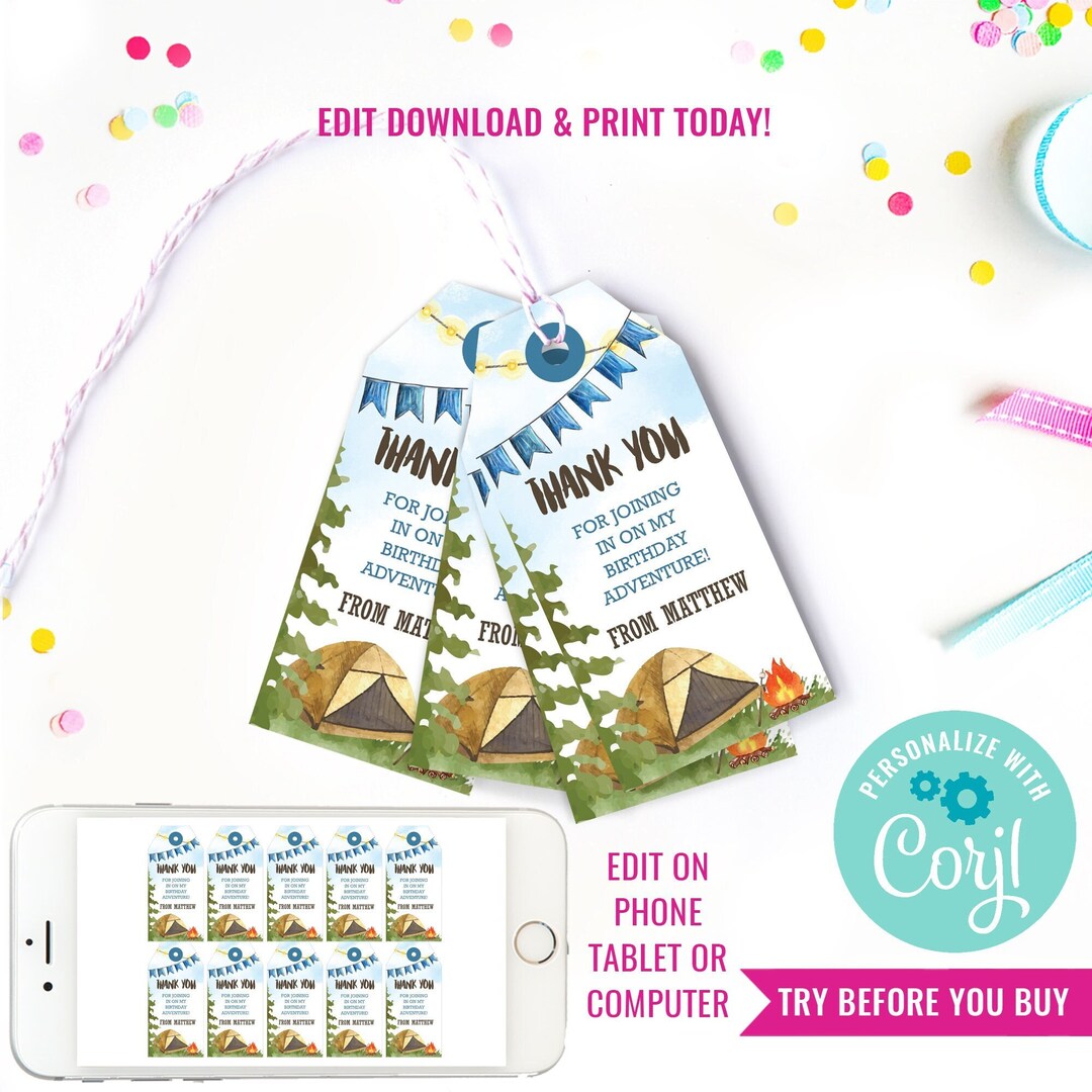 Boy Birthday Party Camping Favor Tags Backyard Campout Favors ...