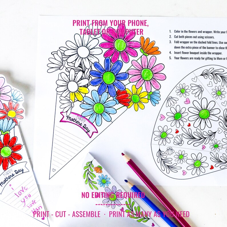 Mothers Day Coloring-in Flower Bouquet Card - Gift for Mom - Mothers ...