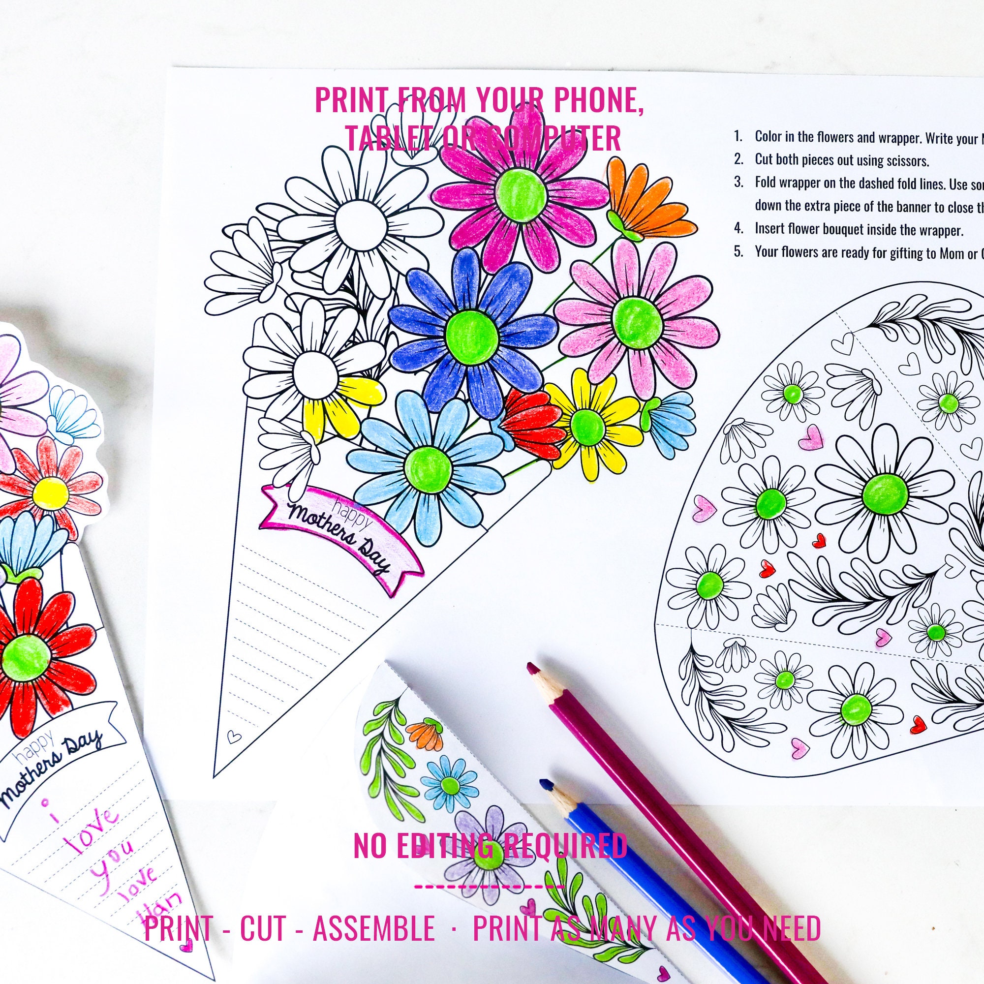 Mothers Day Coloring-in Flower Bouquet Card - Gift for Mom - Mothers ...