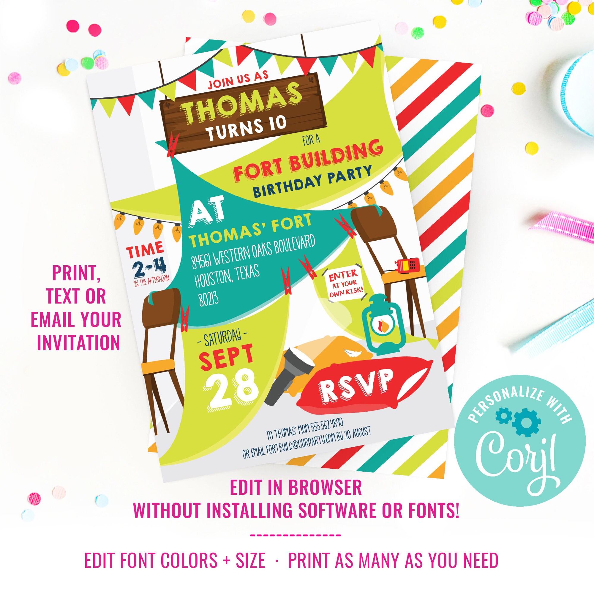 Boy Birthday Party Fort Building Party Invitation Build A Fort Party ...