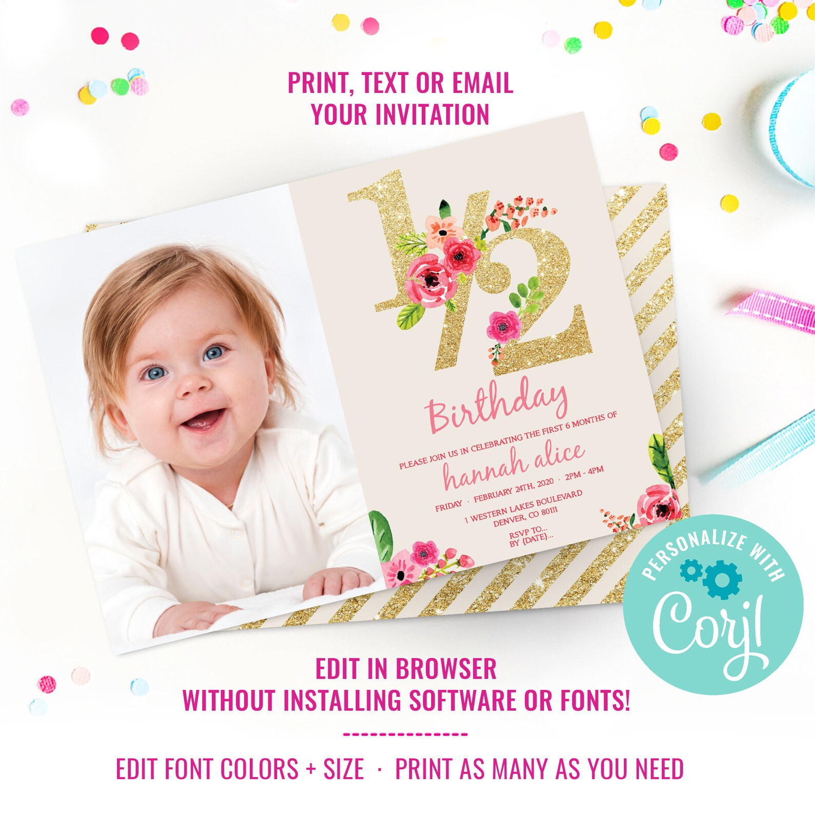 Half Birthday Invitation Gold Glitter Floral Watercolor 1/2 | Etsy