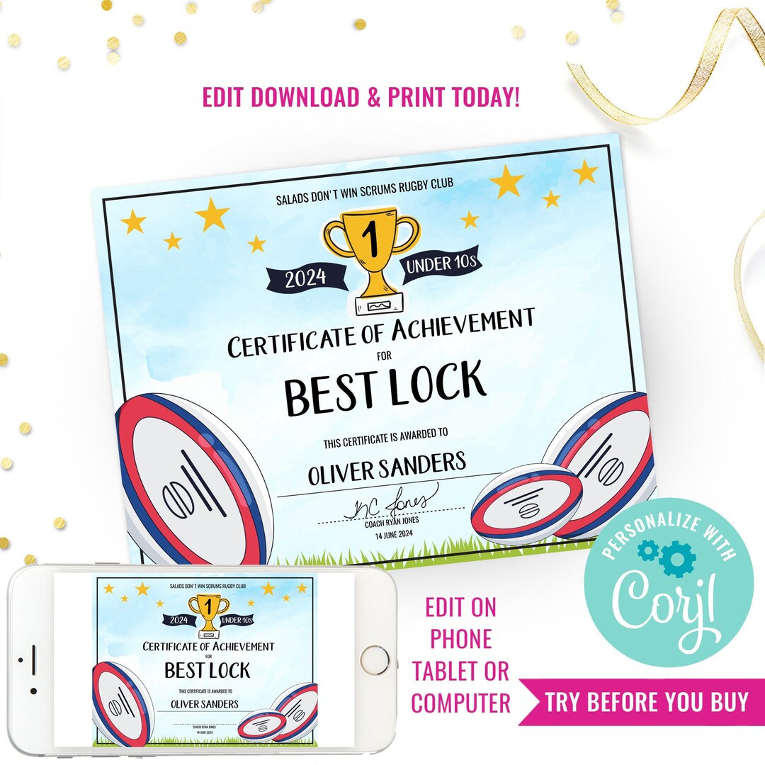 Sports Award DIY Rugby Printable Award Certificate DIY Rugby Party ...