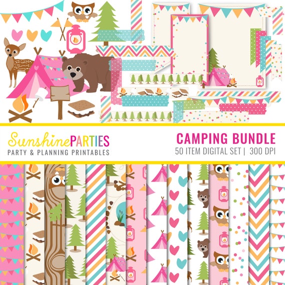 Girls Camping Digital Paper Set - Digital Paper Bundle, Tags, Washi ...