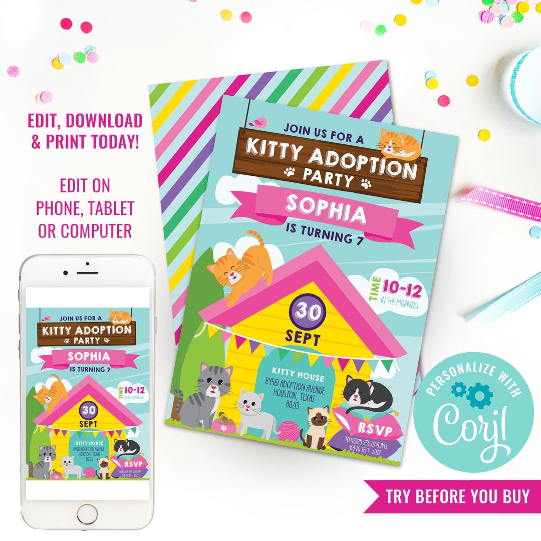 Girls Kitty Adoption Party Invitation Pet Adoption Party Invitation ...