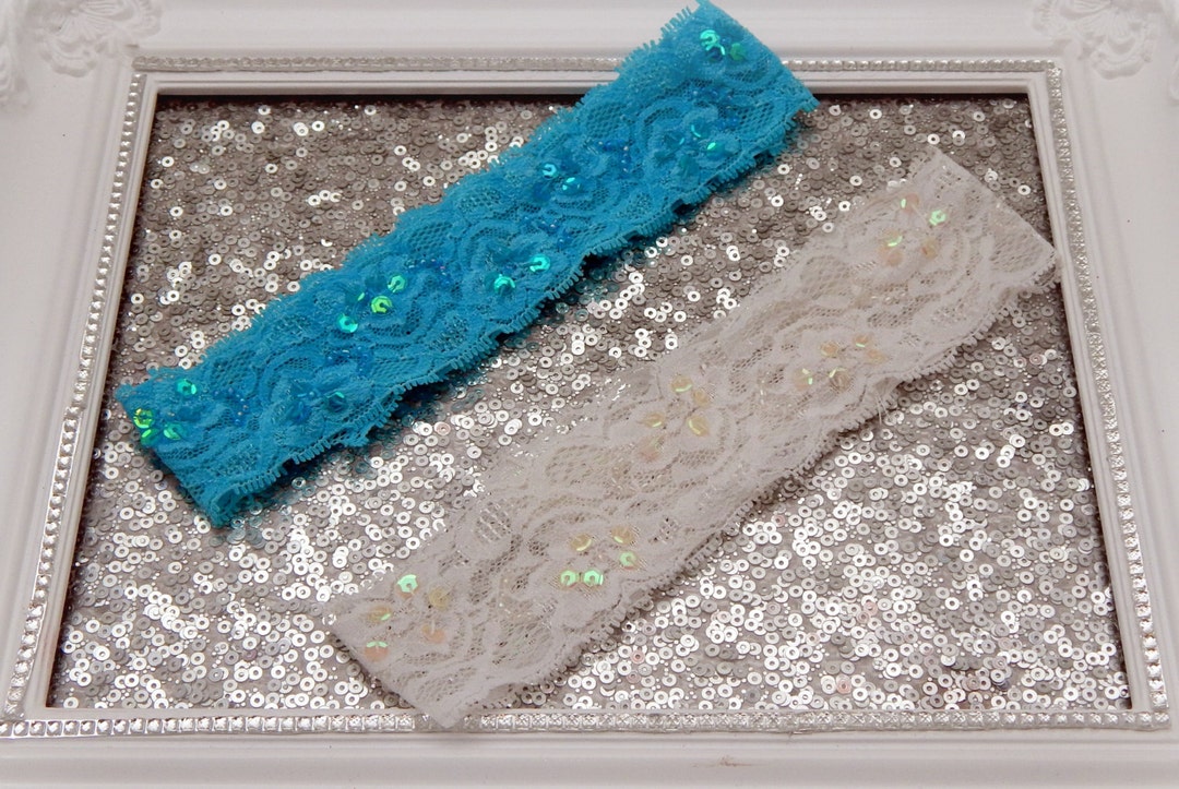Sequin & Bead on TURQUOISE and WHITE Lace Wedding Garter Set, Bridal ...