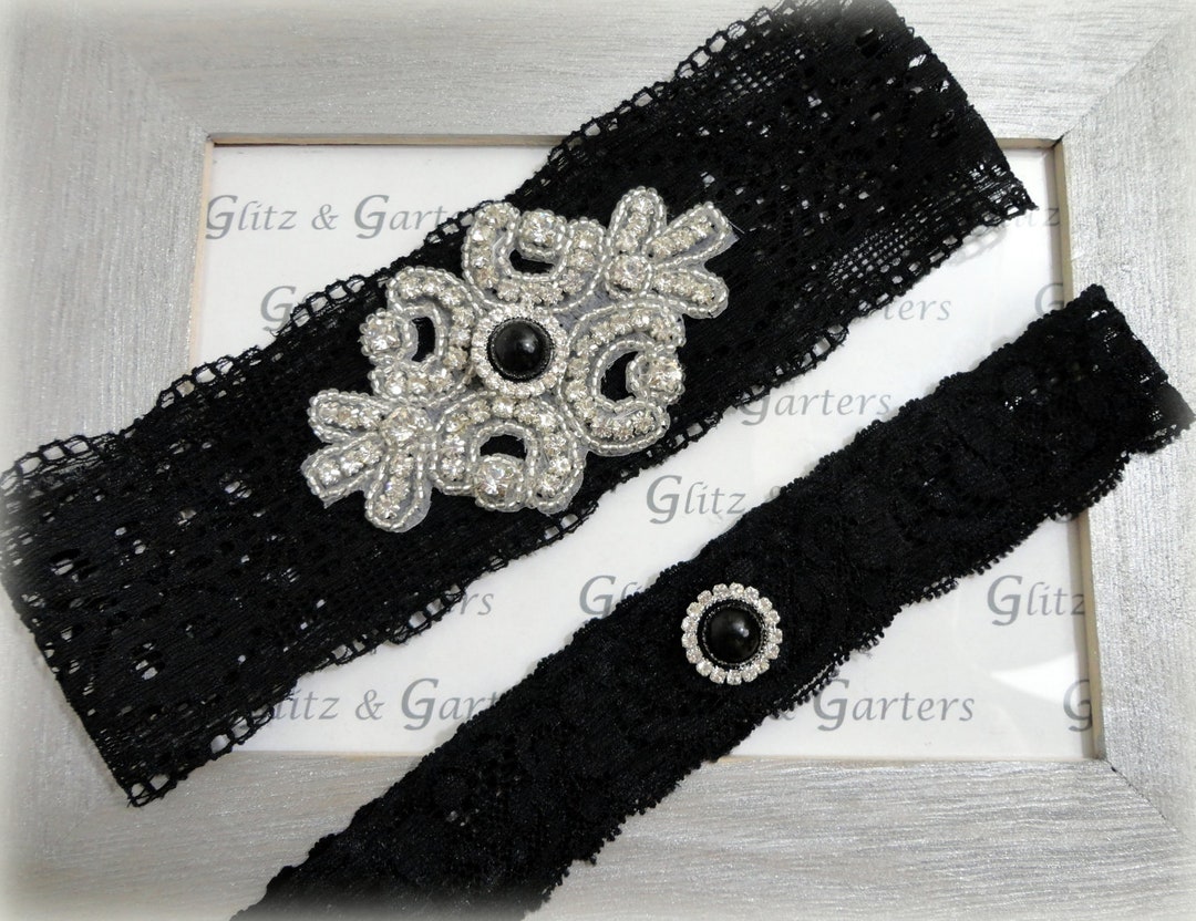 RHINESTONE Crystal CREST on BLACK Lace Wedding/bridal Garter, Crystal ...