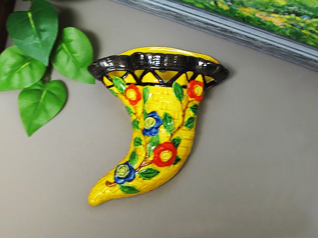 Vintage Large Hand Painted Cornucopia Style Wall Pocket With ...