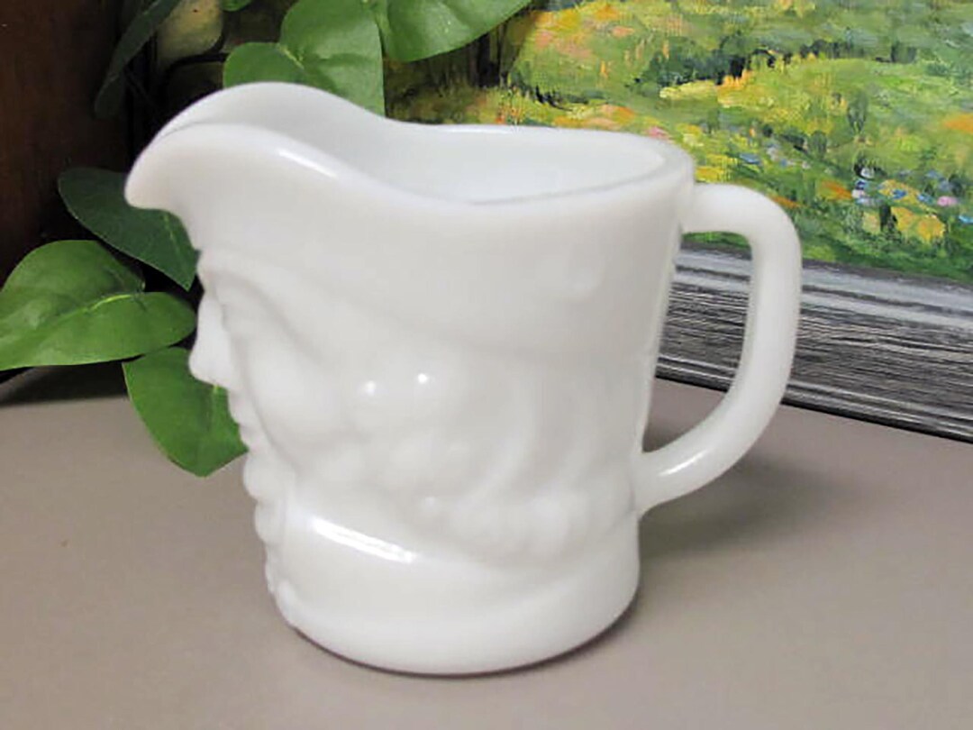 Vintage Federal Glass Colonial Toby Face Creamer ~ Milk Glass ~ Heat ...