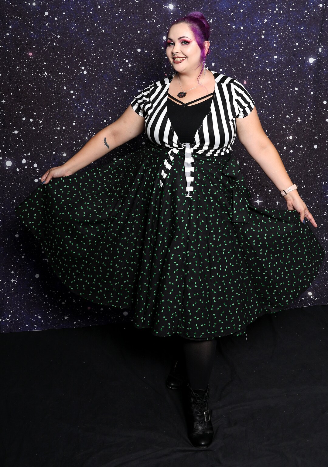 Extra Full Circle Wrap Skirt Black Green Cat Eyes Plus Size Pin up Retro Rockabilly Psychobilly ...