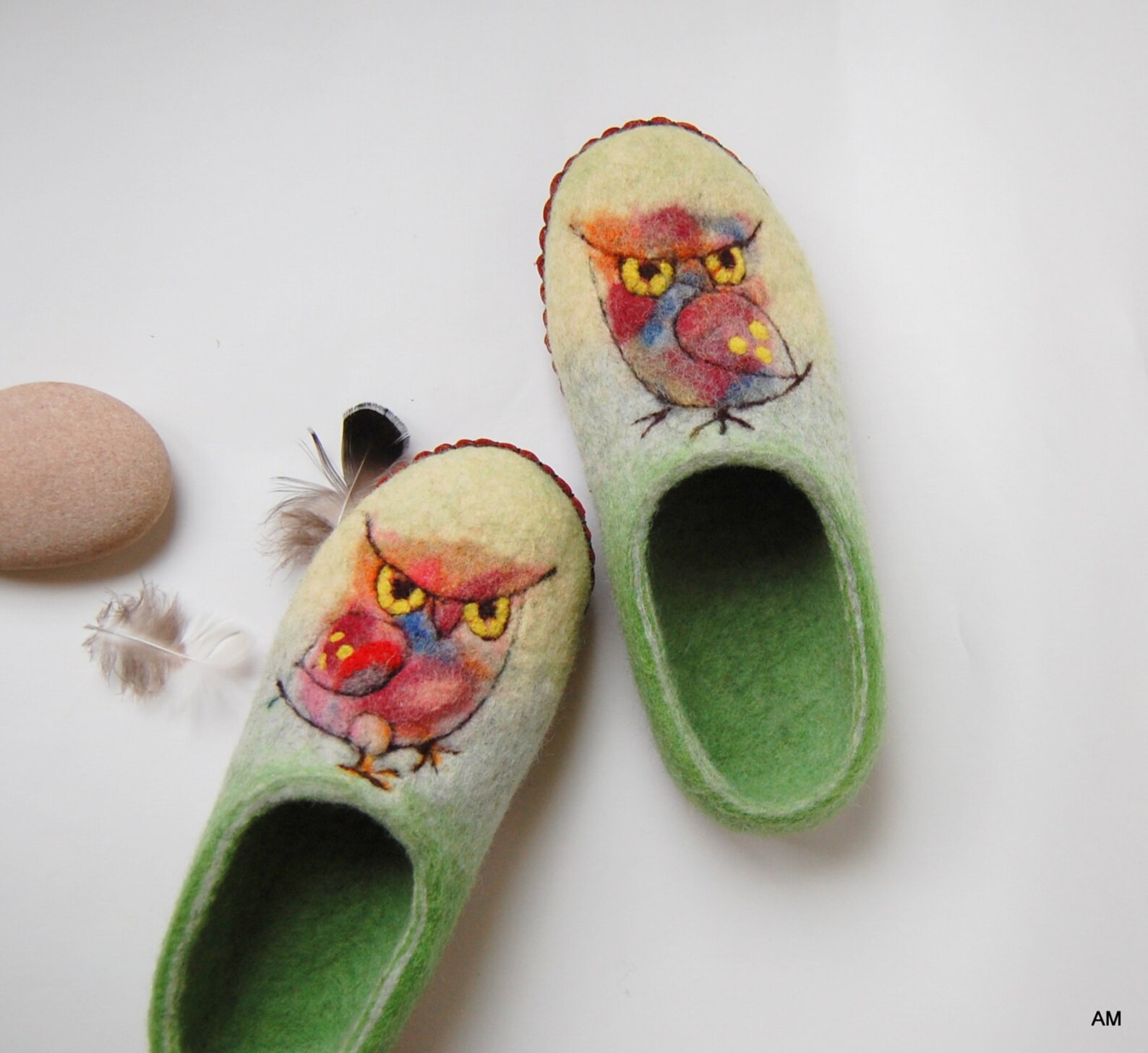 Animal Felted Slippers Owl Art, Greenery and Yellow Wool House Shoes ...