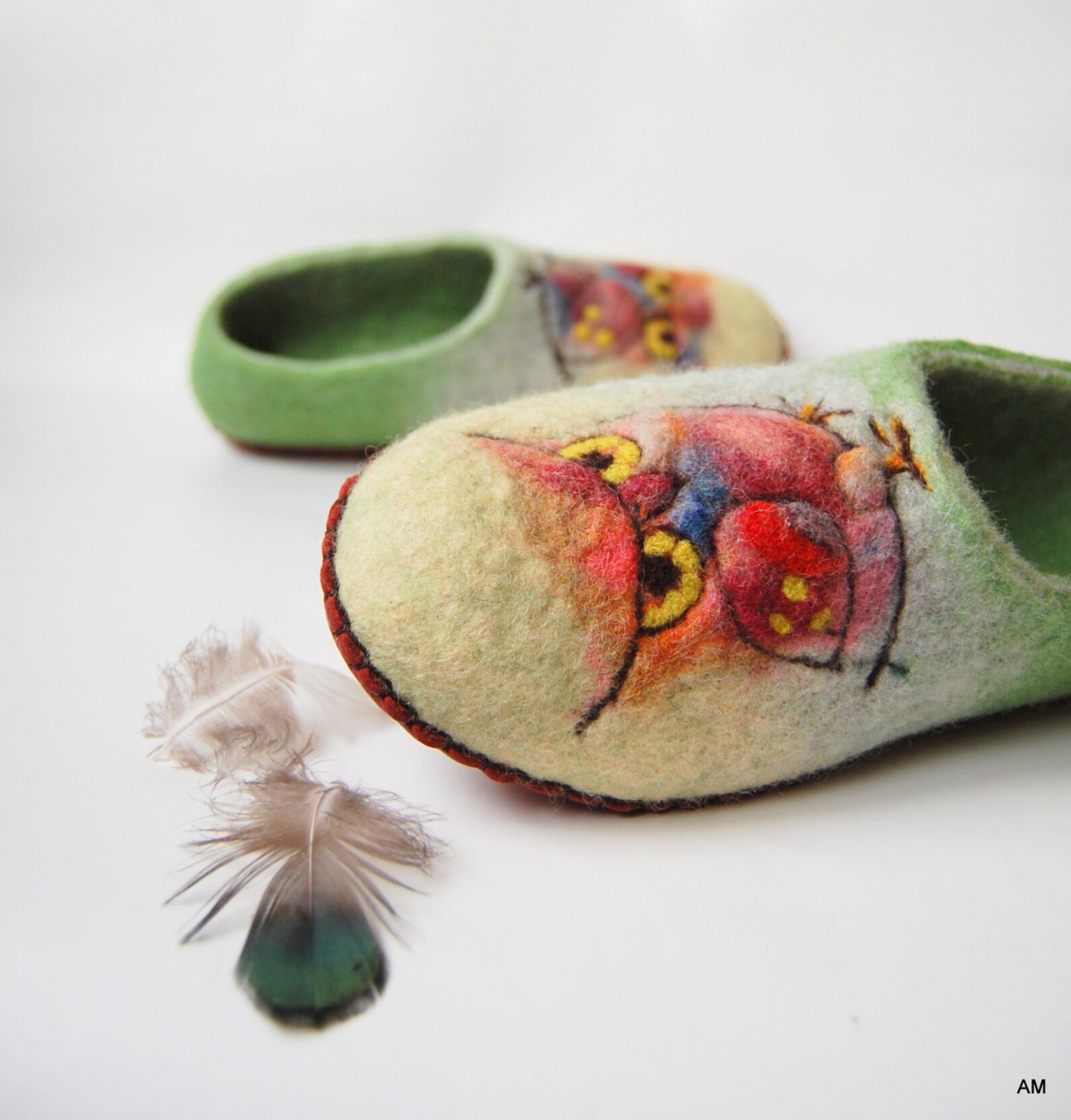 Animal Felted Slippers Owl Art, Greenery and Yellow Wool House Shoes ...