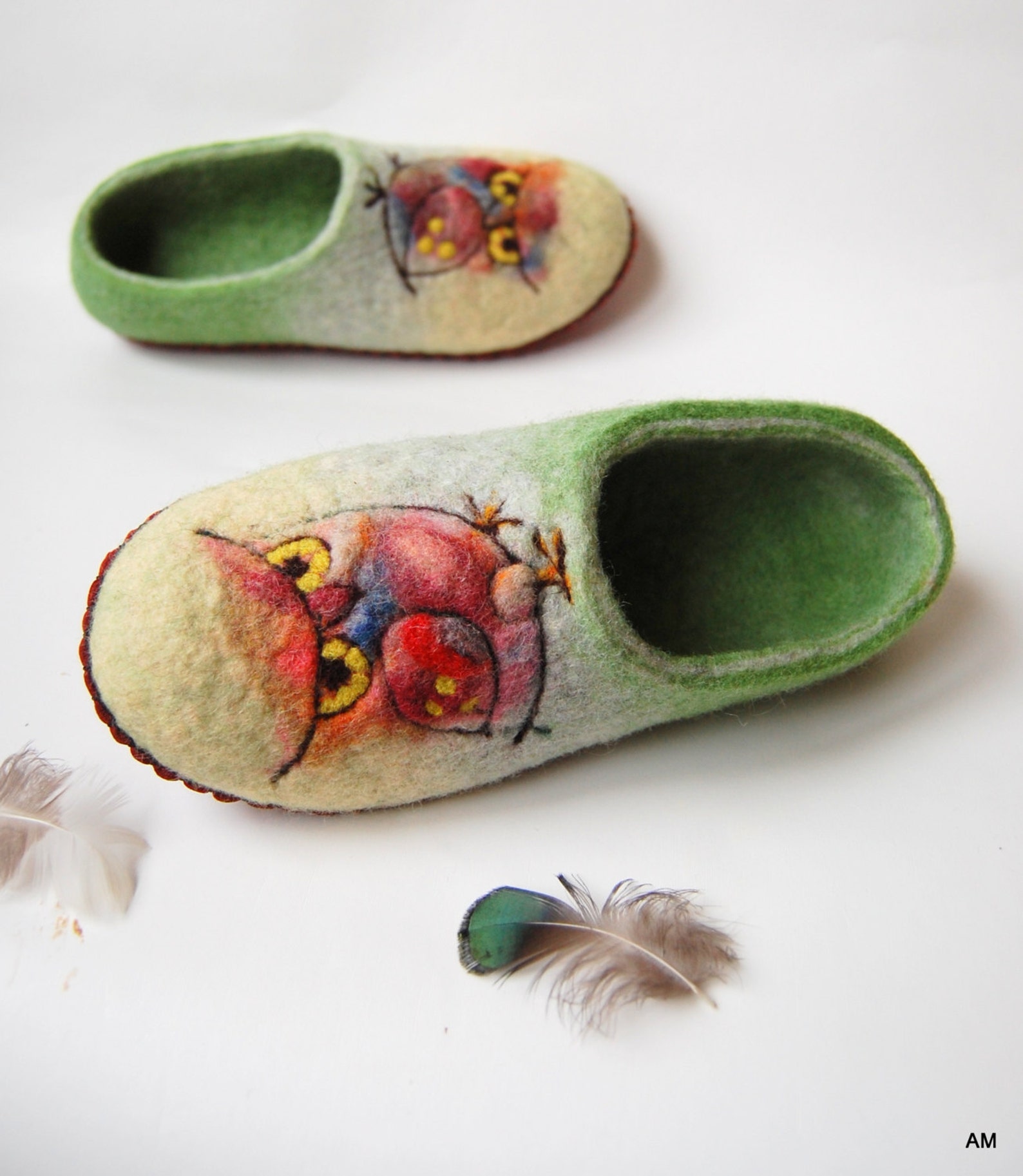 Animal Felted Slippers Owl Art, Greenery and Yellow Wool House Shoes ...