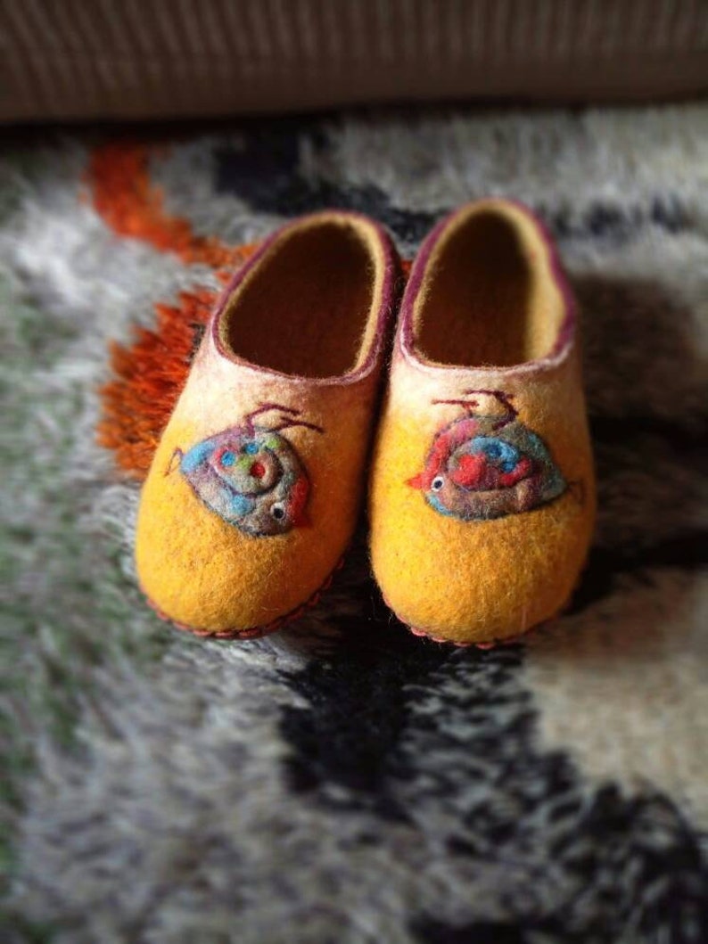 Birds Art Slippers Yellow and Bordeux Felted Wool Womens | Etsy