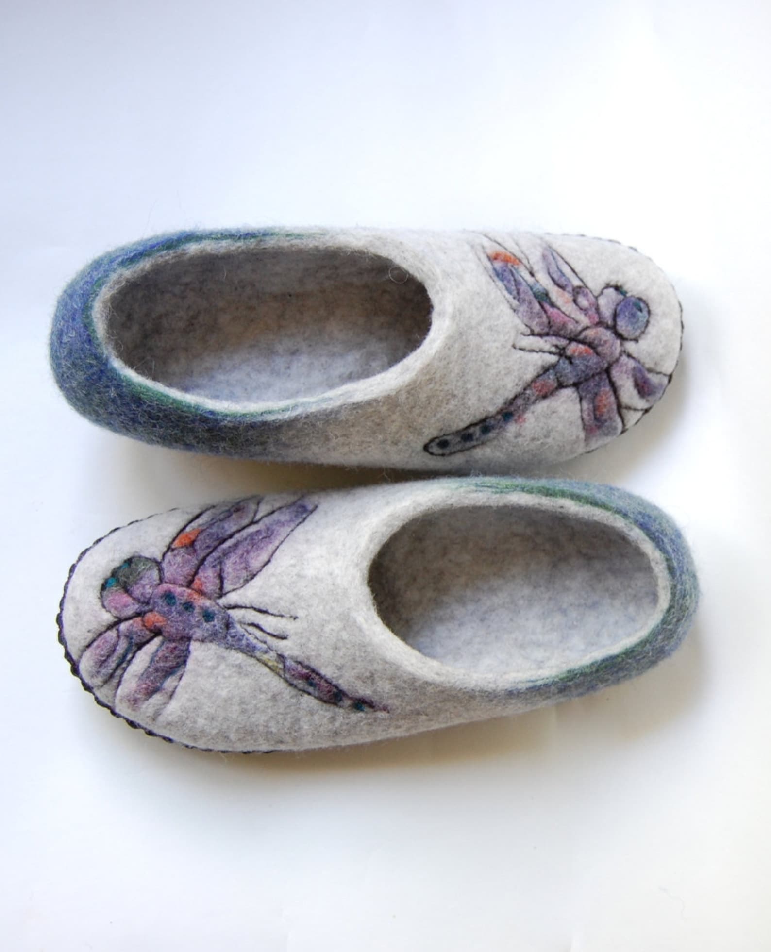 Dragonfly Art Felted Slippers for Women Grey and Emerald | Etsy Canada