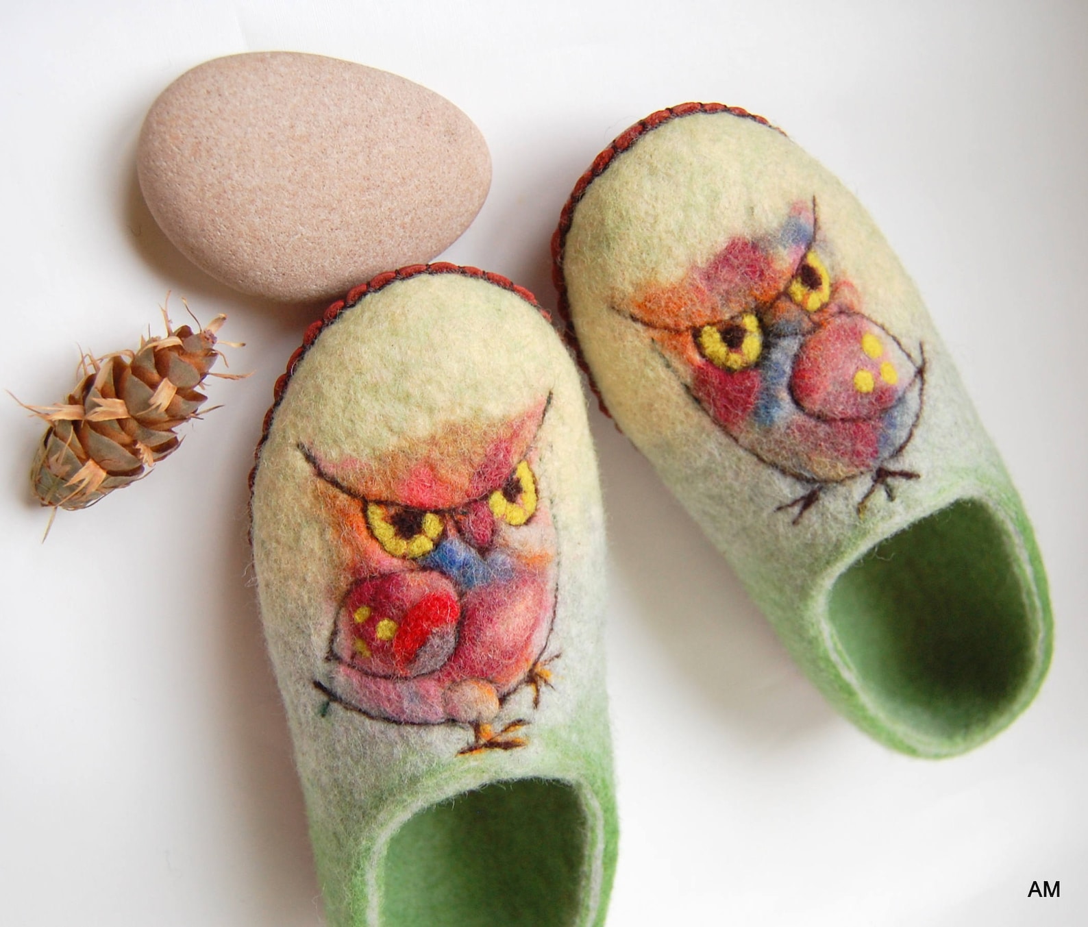 Animal Felted Slippers Owl Art, Greenery and Yellow Wool House Shoes ...