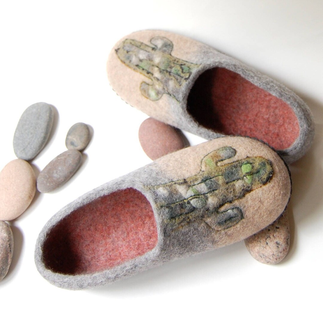 Husband Gift Wool Slippers, Cactus Art Felted Slippers for Men, Woolen ...