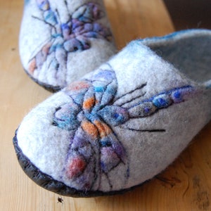 Dragonfly Art Felted Slippers for Women, Grey and Emerald Green Wool ...