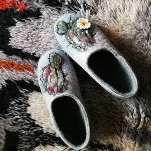 Cactus Art Felted Wool Slippers for Women - Tropic Plant Felt House ...
