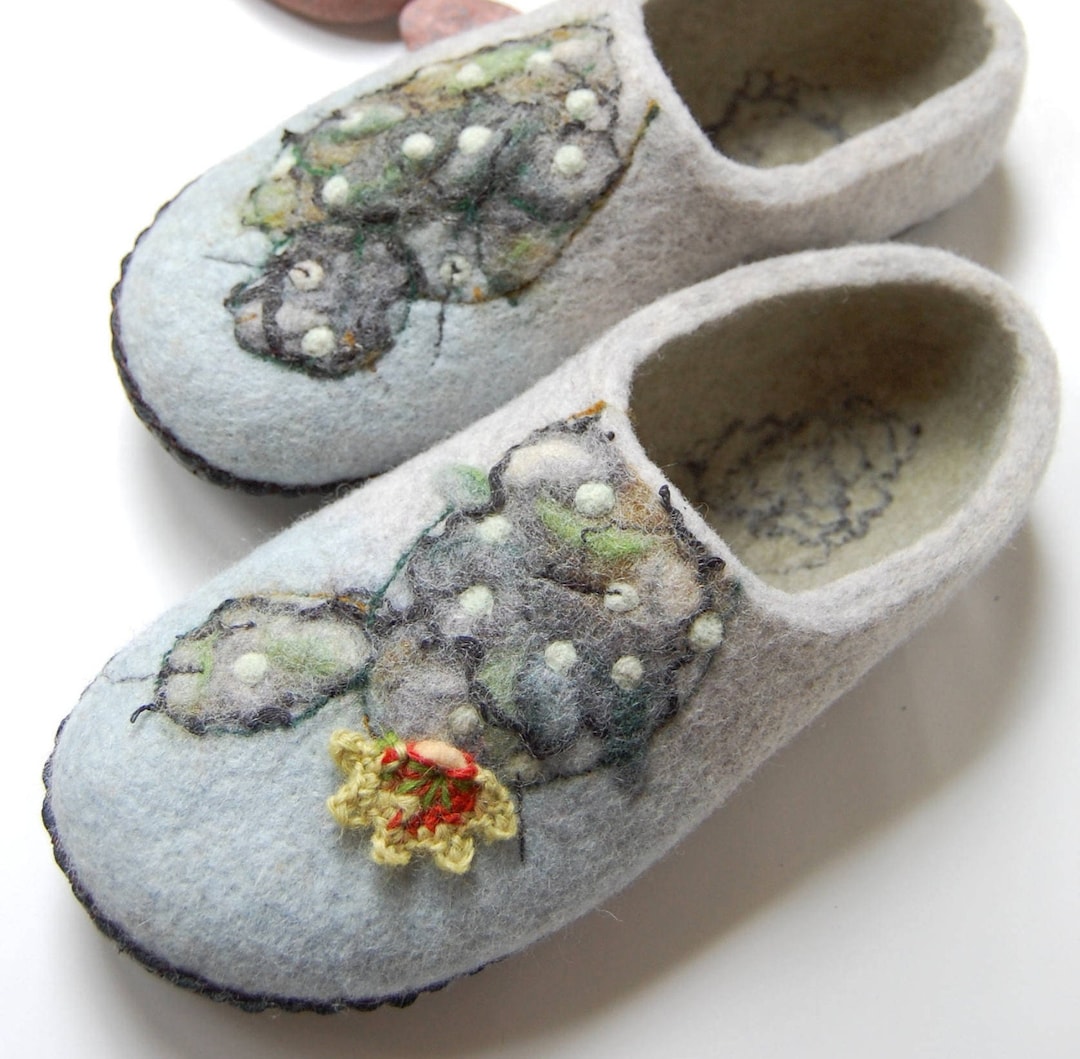 Cactus Art Felted Wool Slippers for Women - Tropic Plant Felt House ...