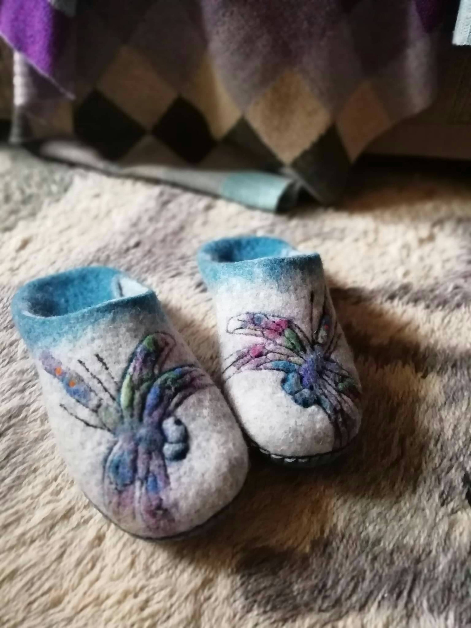 Dragonfly Art Felted Slippers for Women Grey and Emerald | Etsy