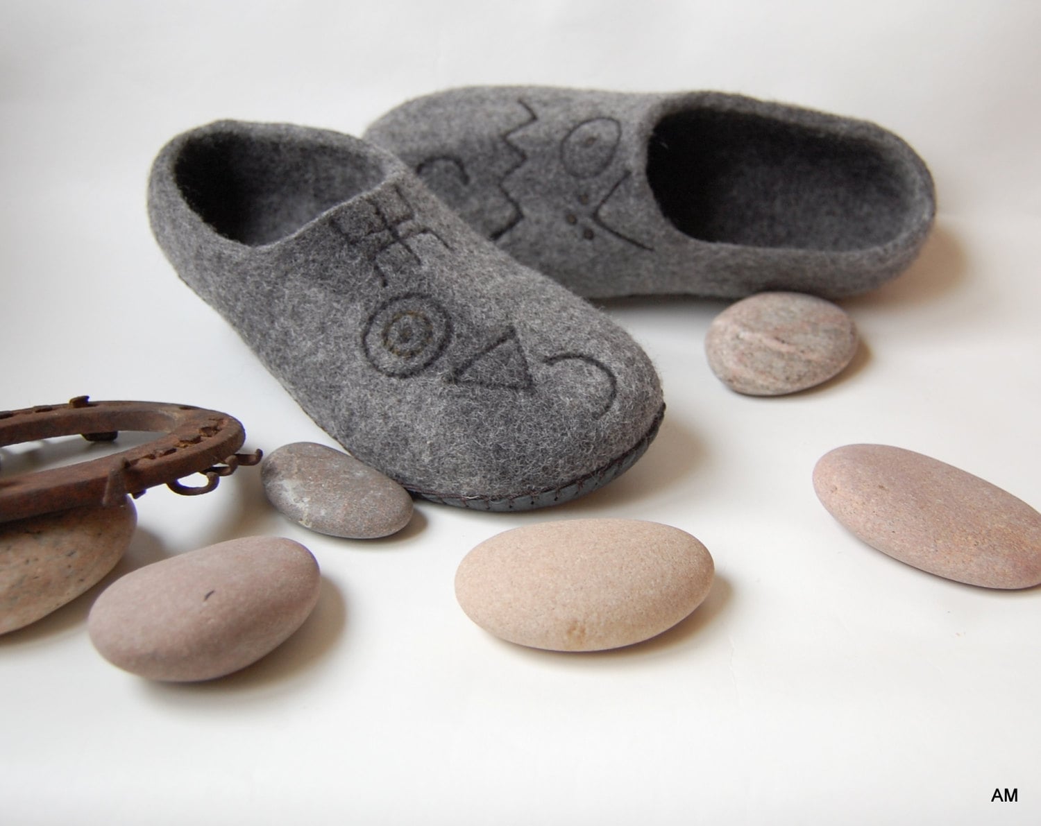 Felted Wool Slippers, Gray Charcoal, Balts Symbols Art - Etsy