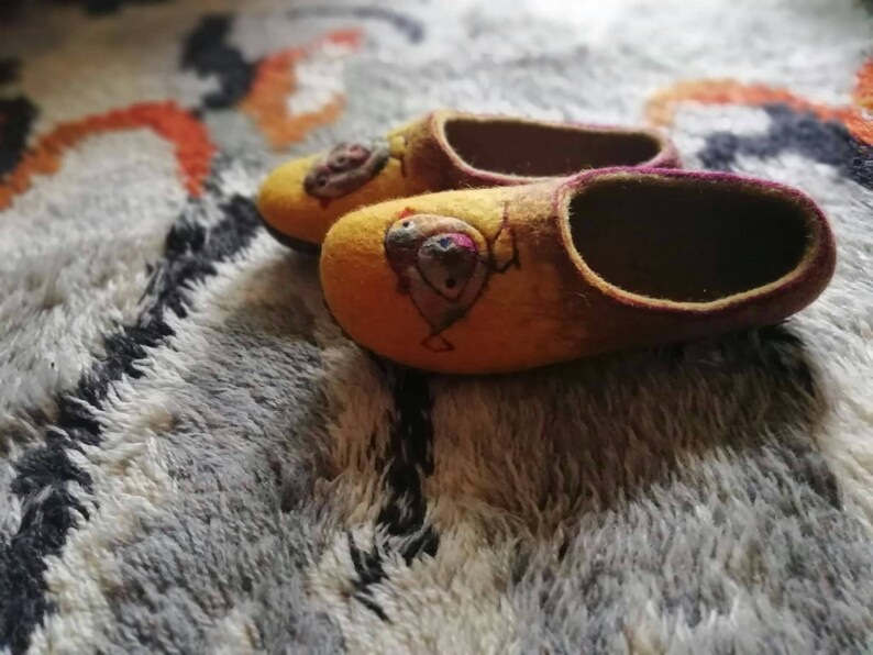 Birds Art Slippers Yellow and Bordeux Felted Wool Womens | Etsy