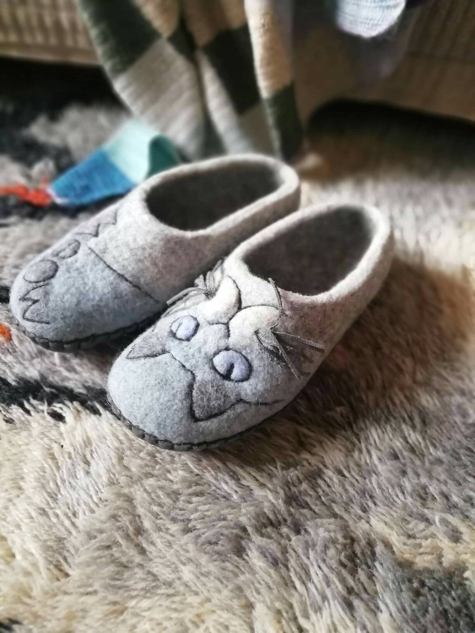 Meow Slippers Women Felted Slippers Grey Cat Art Slippers | Etsy