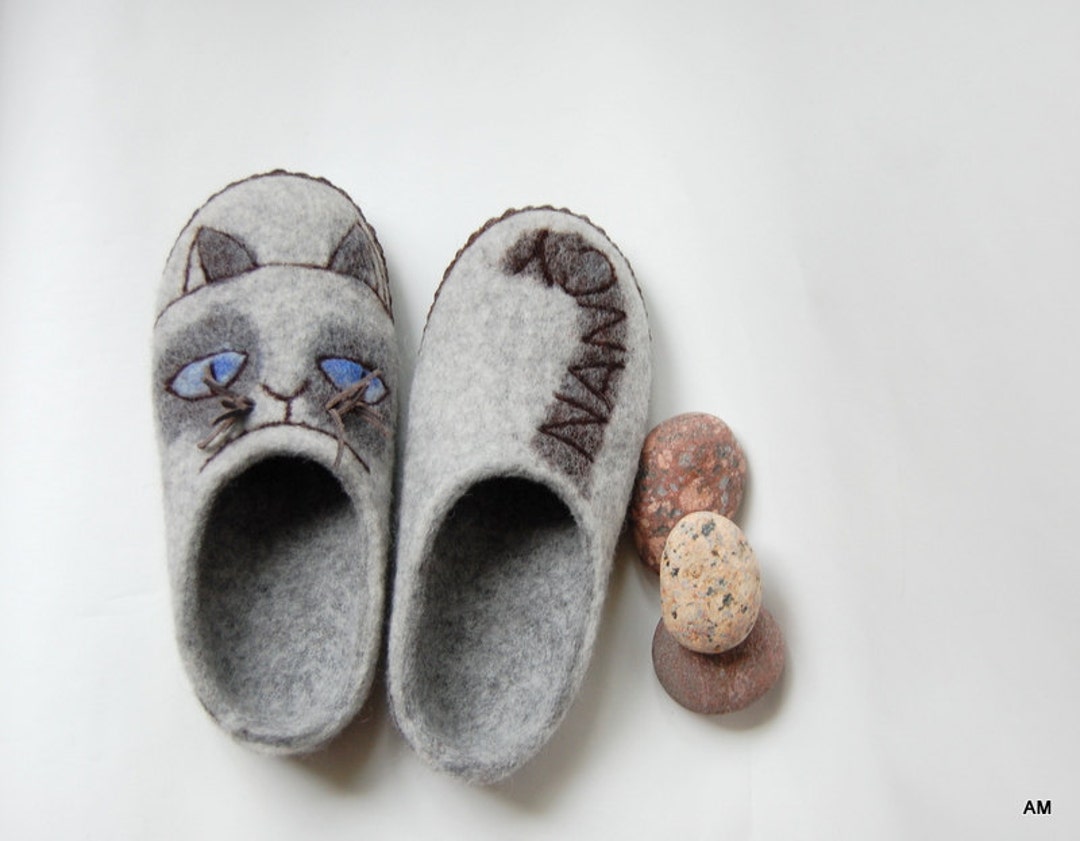 Grumpy Cat Slippers, Personalized Grey Wool Slippers, Felted Slippers ...