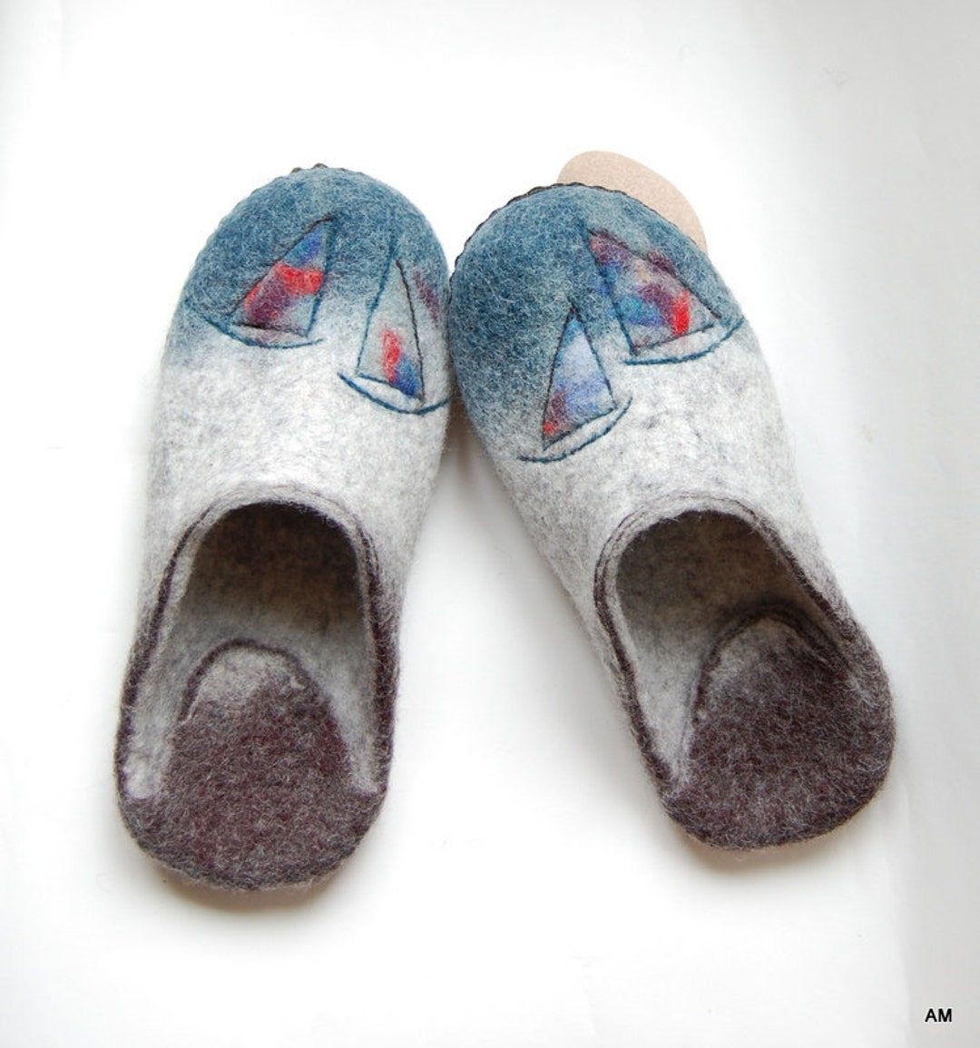 Gift for Him Men Felted Slippers Boats Men Grey Wool Slippers Eco ...