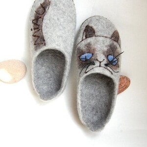 Grumpy Cat Slippers, Personalized Grey Wool Slippers, Felted Slippers ...