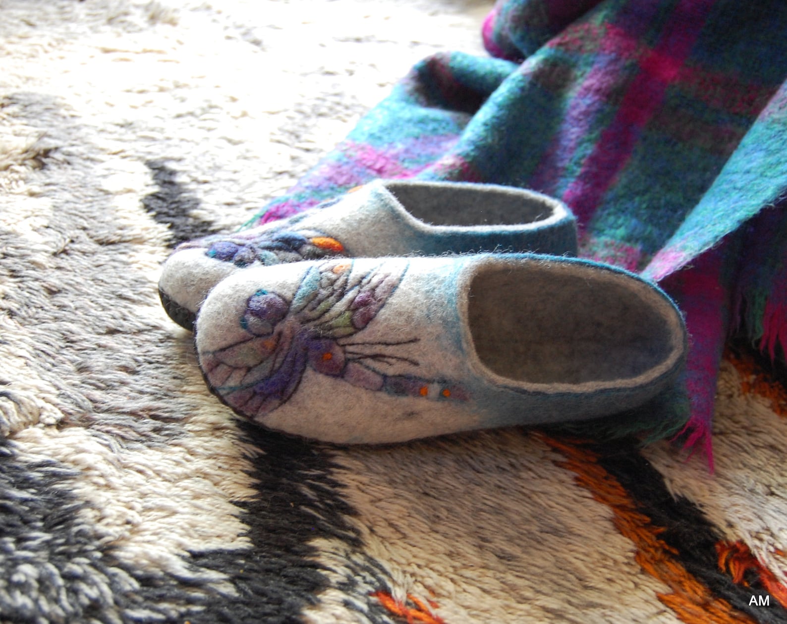 Dragonfly Art Felted Slippers for Women Grey and Emerald | Etsy