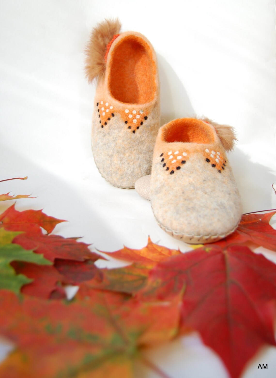 Fox Art Slippers Felted Slippers for Girl Grey Orange Wool | Etsy