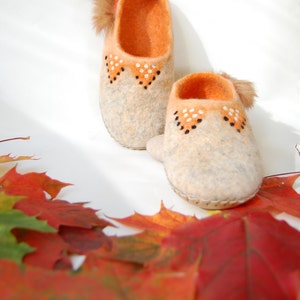 Fox Art Slippers - Felted Slippers for Girl - Grey Orange Wool House ...