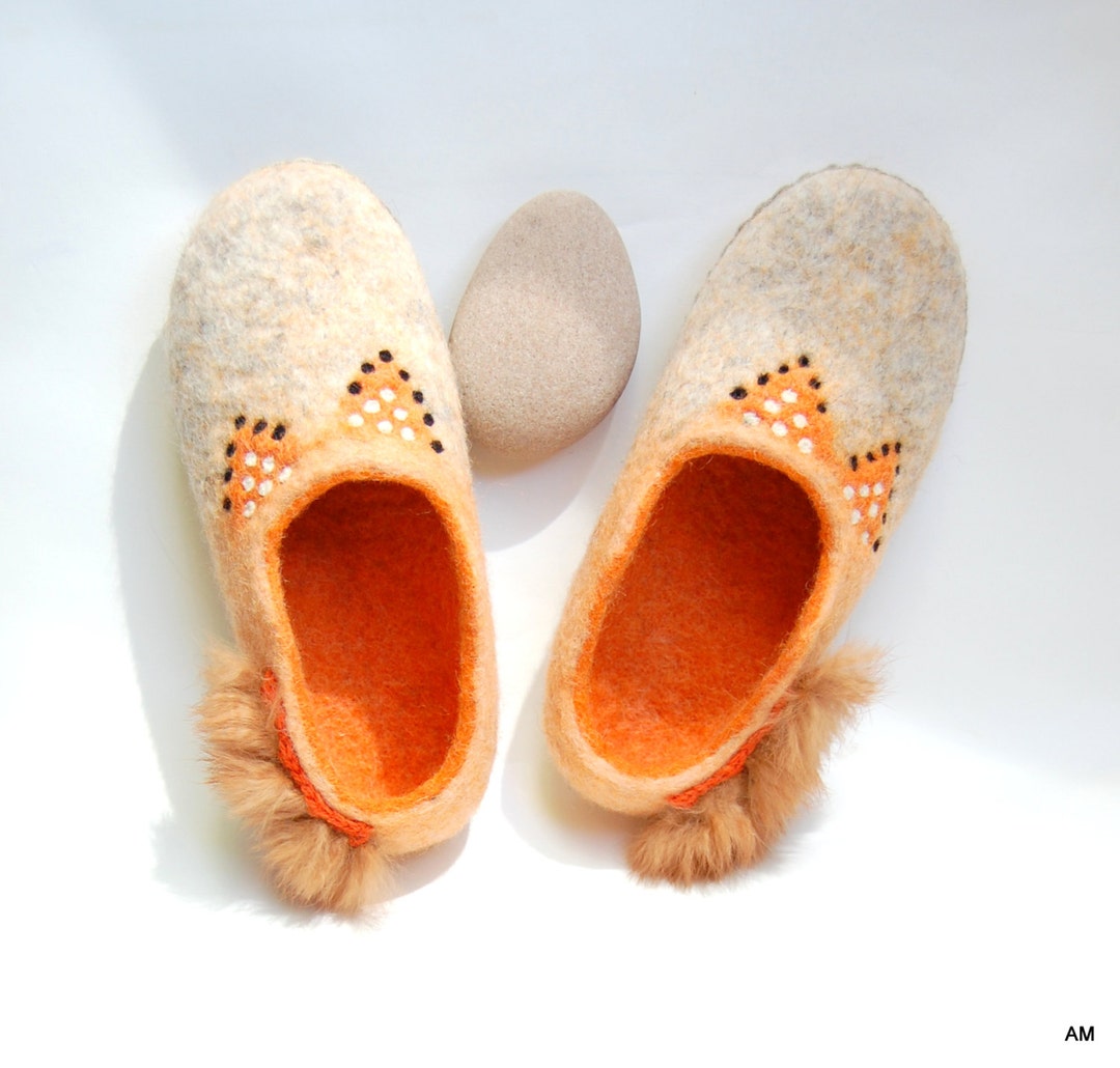 Fox Art Slippers - Felted Slippers for Girl - Grey Orange Wool House ...
