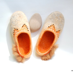 Fox Art Slippers - Felted Slippers for Girl - Grey Orange Wool House ...