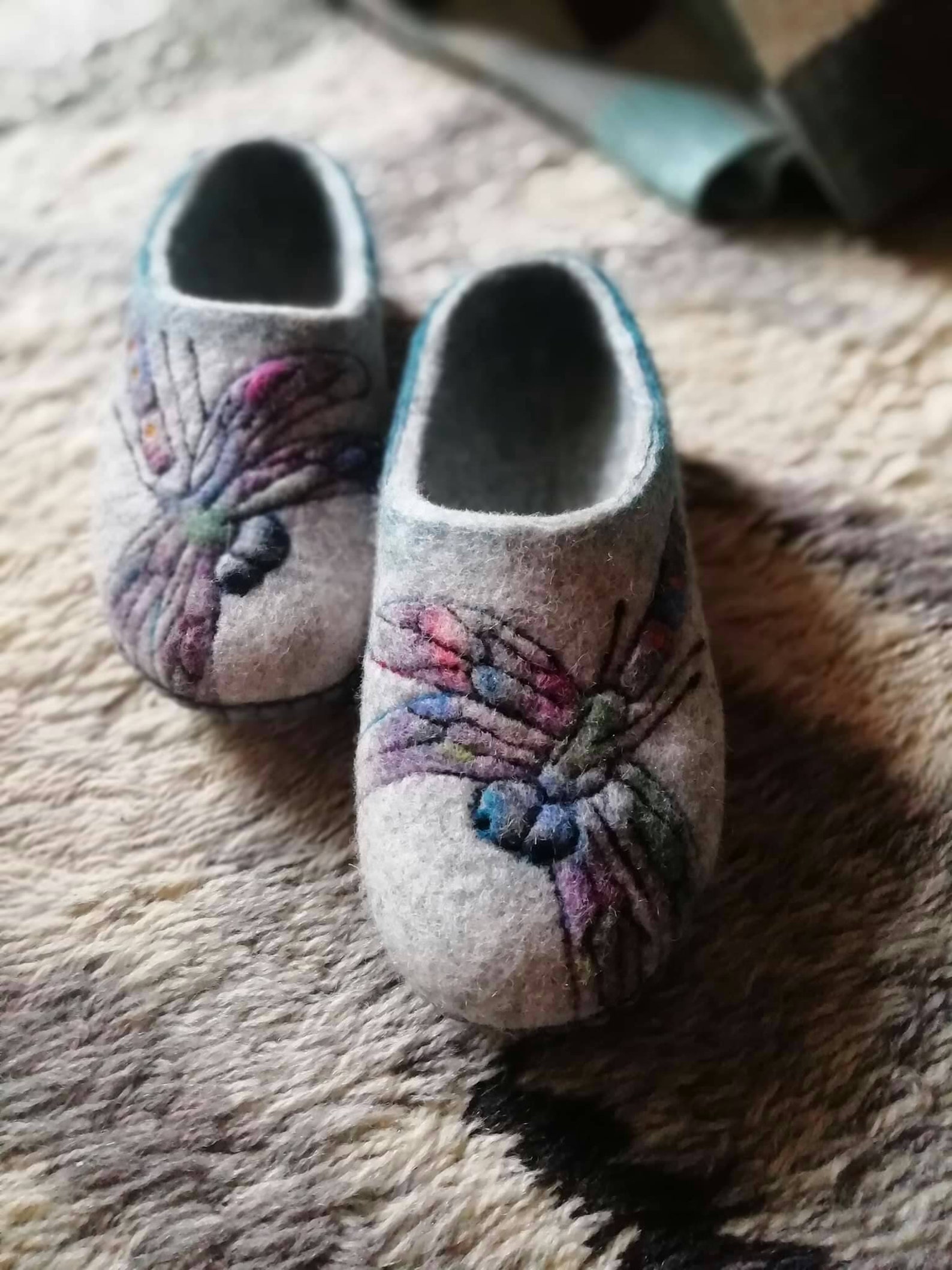 Dragonfly Art Felted Slippers for Women Grey and Emerald | Etsy