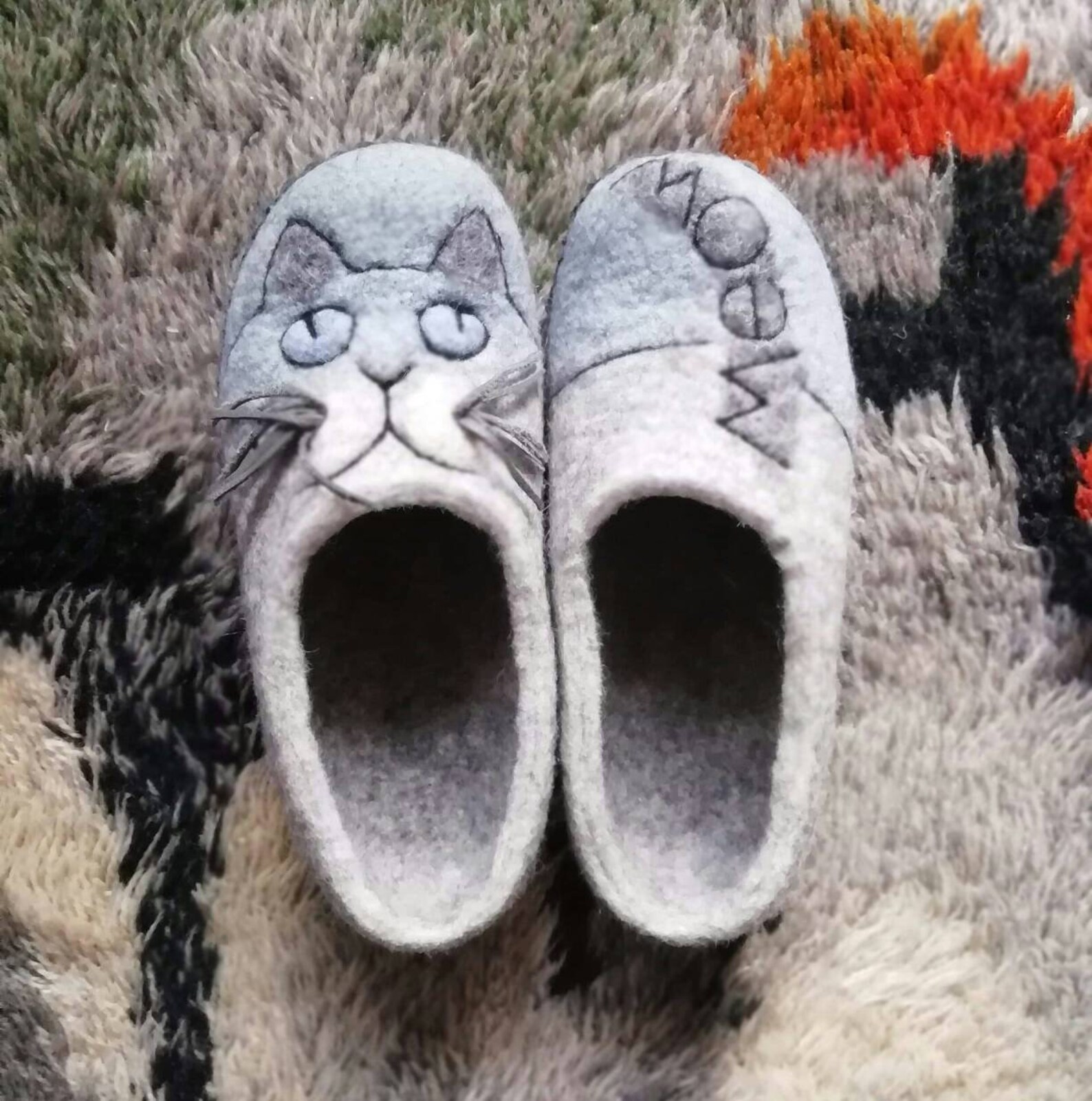 Meow Slippers Women Felted Slippers Grey Cat Art Slippers | Etsy