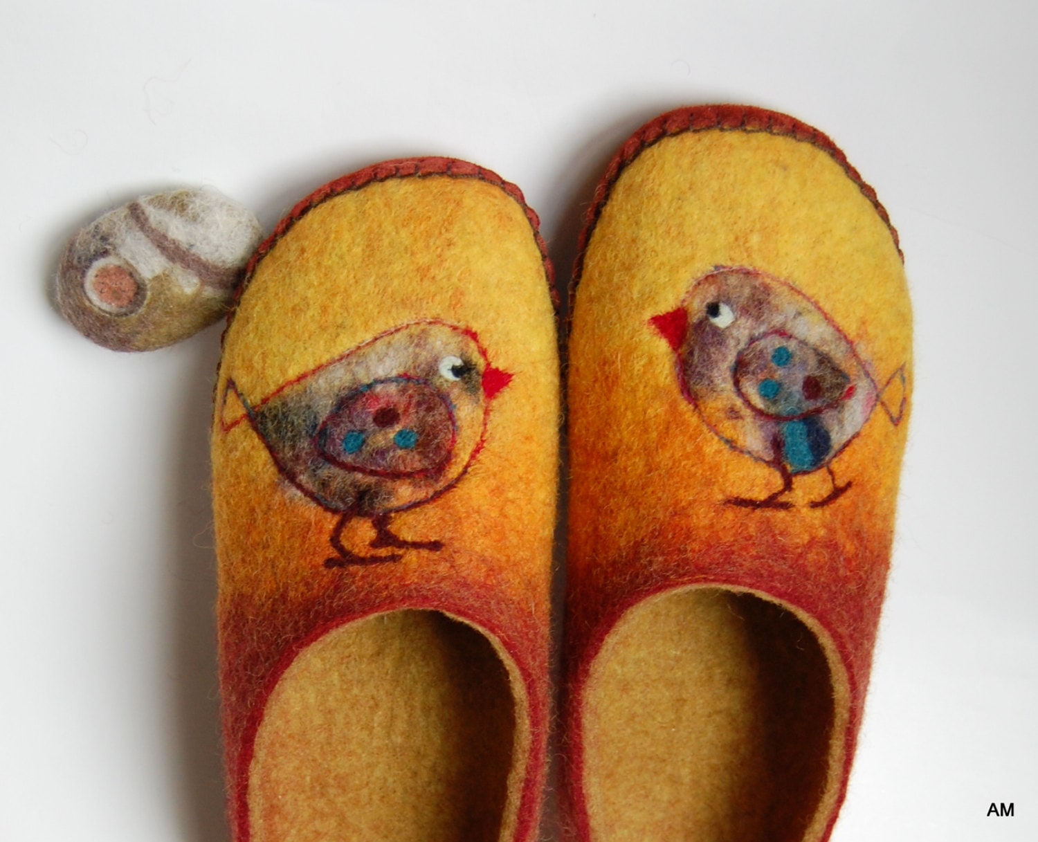 Birds Art Slippers Yellow and Bordeux Felted Wool Womens - Etsy