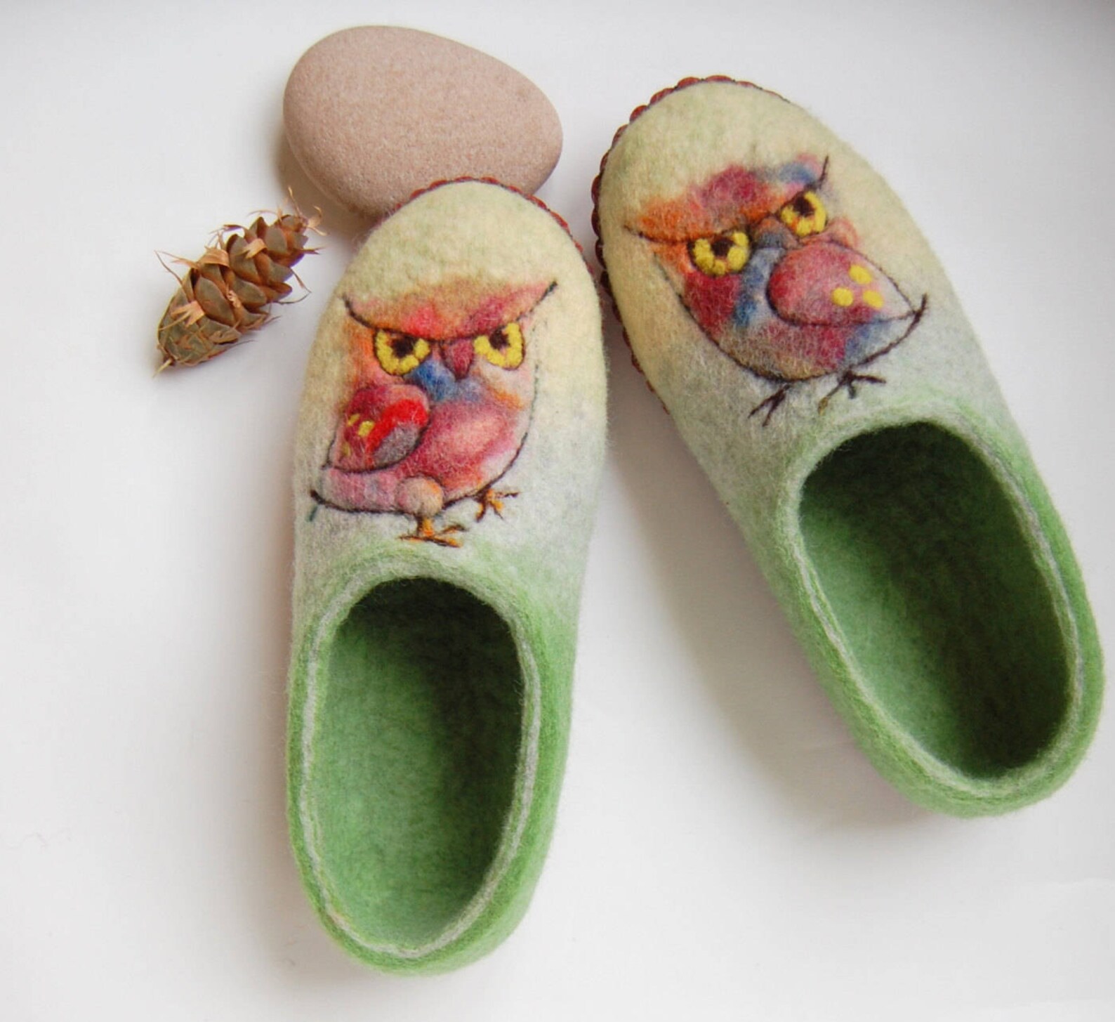Animal Felted Slippers Owl Art, Greenery and Yellow Wool House Shoes ...