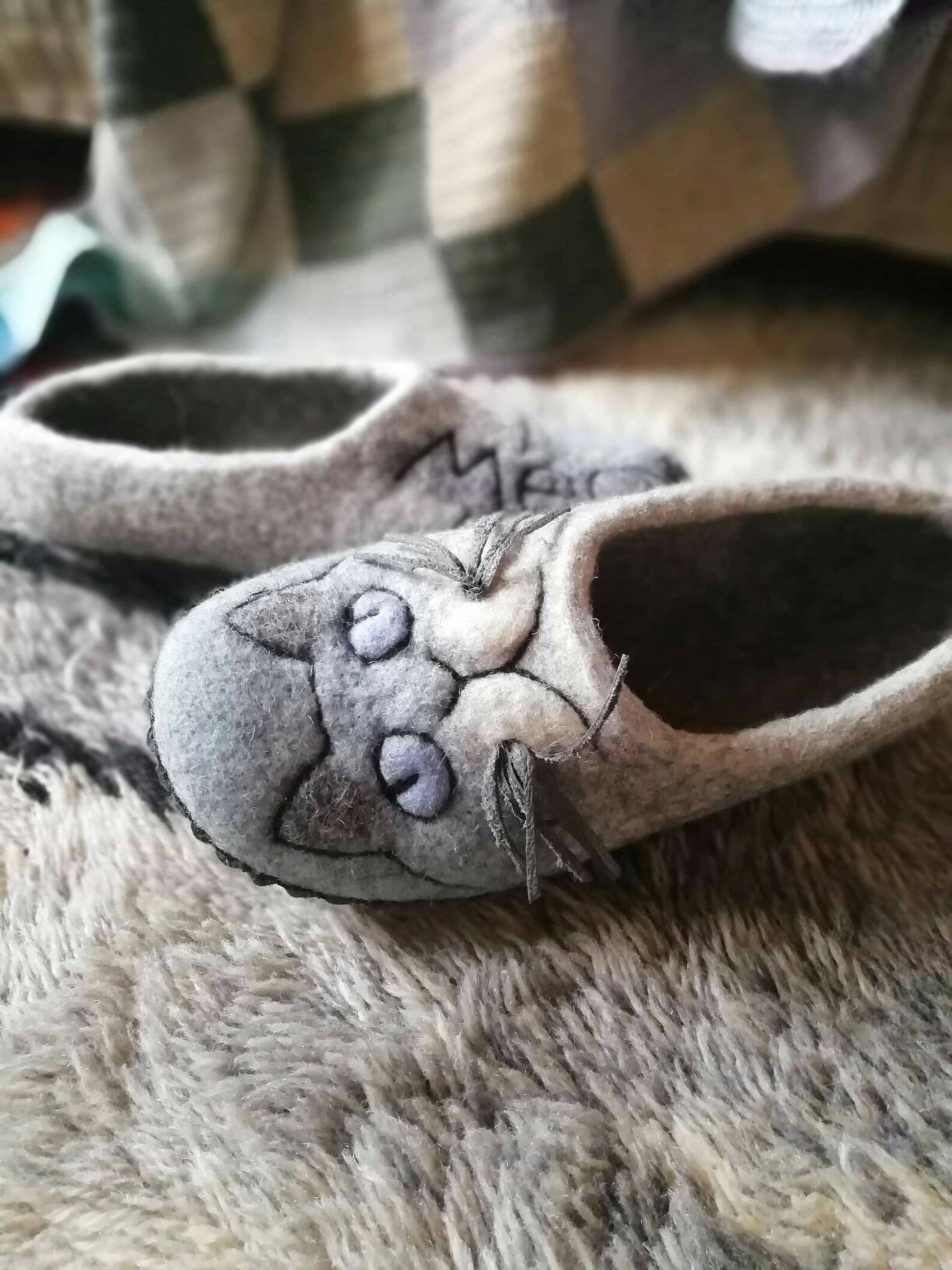 Meow Slippers Women Felted Slippers Grey Cat Art Slippers | Etsy