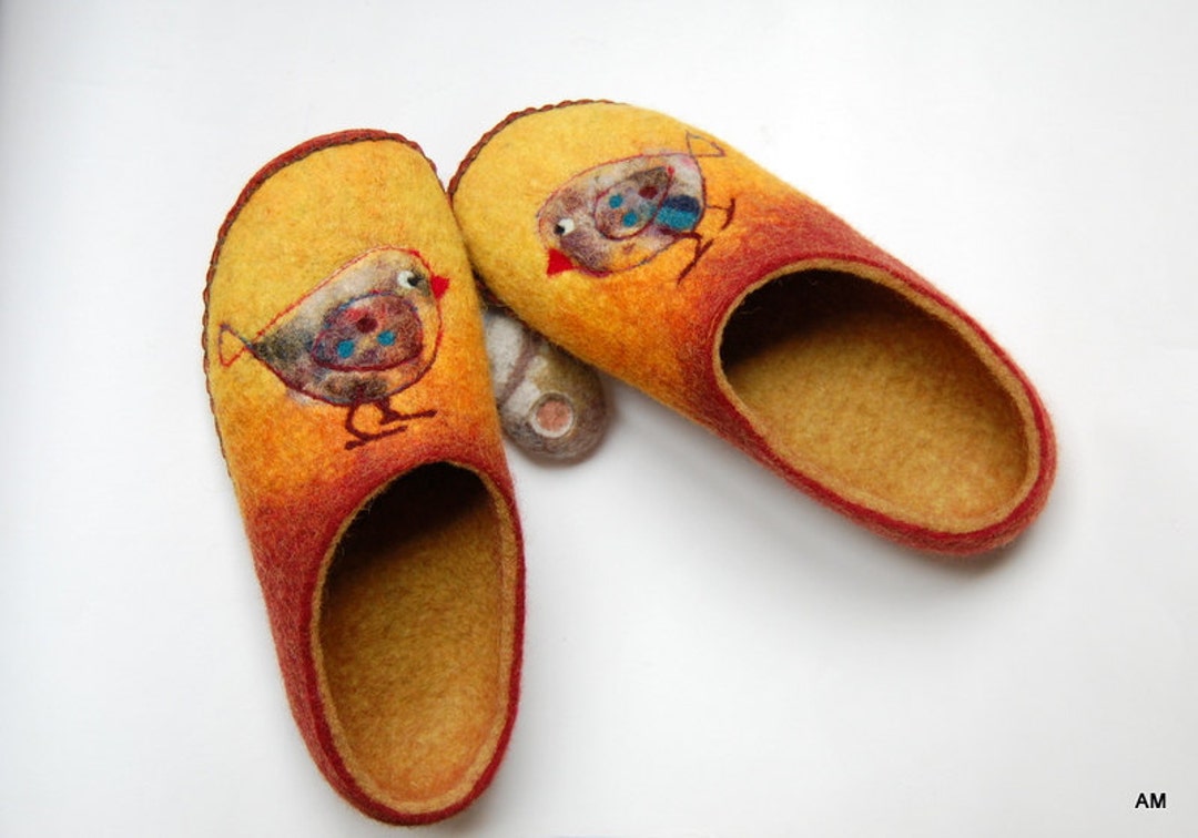 Birds Art Slippers Yellow and Bordeux Felted Wool, Womens Woolen ...
