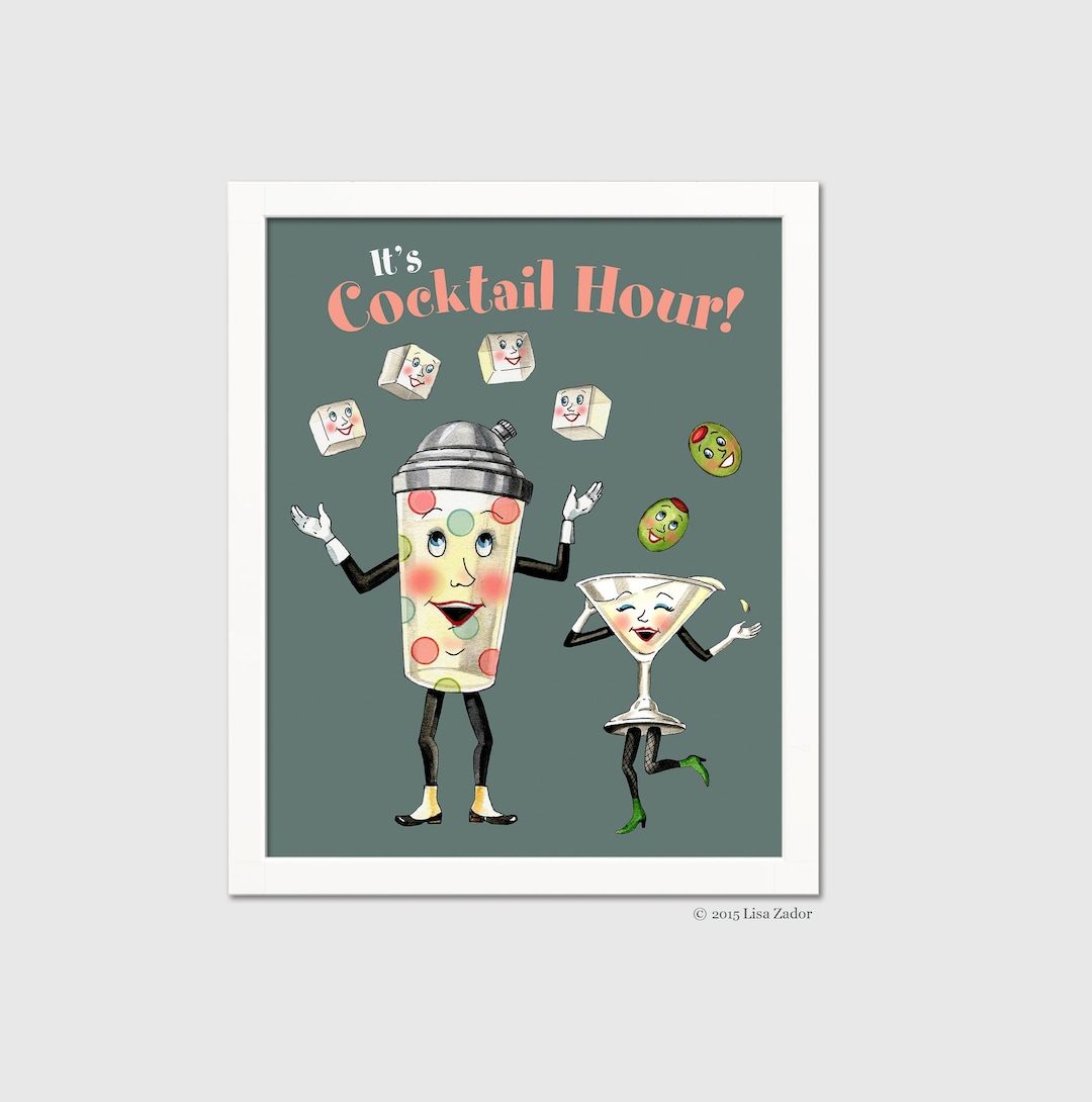Retro Cocktail Hour Print From Original Hand Painted Artwork for Bar ...